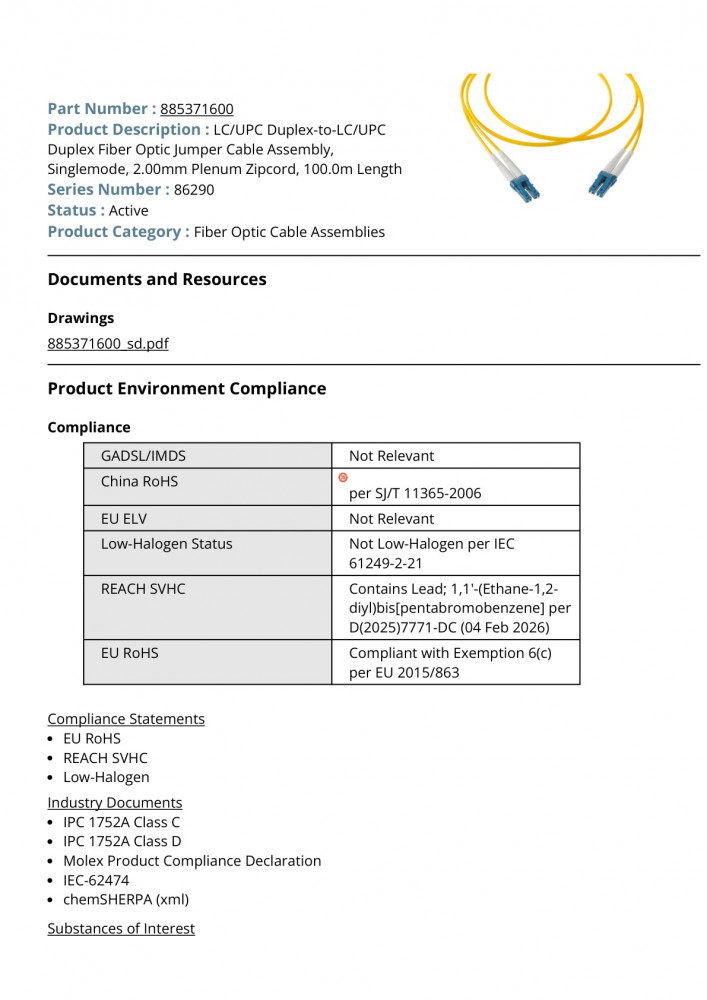 MOLEX 885371600 drawing, page 1