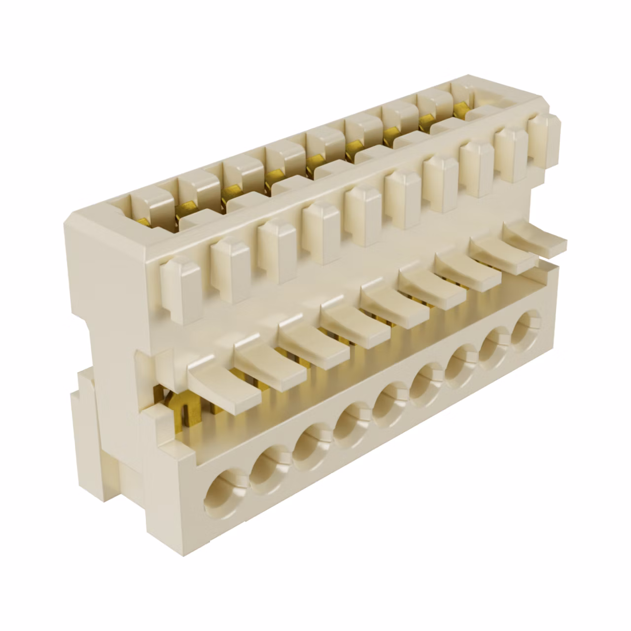 Appli-Mate RAST 2.5 Connector, 2.50mm Pitch, Female, 7 Circuits, Positions A and H Removed, Polarizing Rib Between 4/5, Locking Pips, Slotted Endwalls, Tin Plating