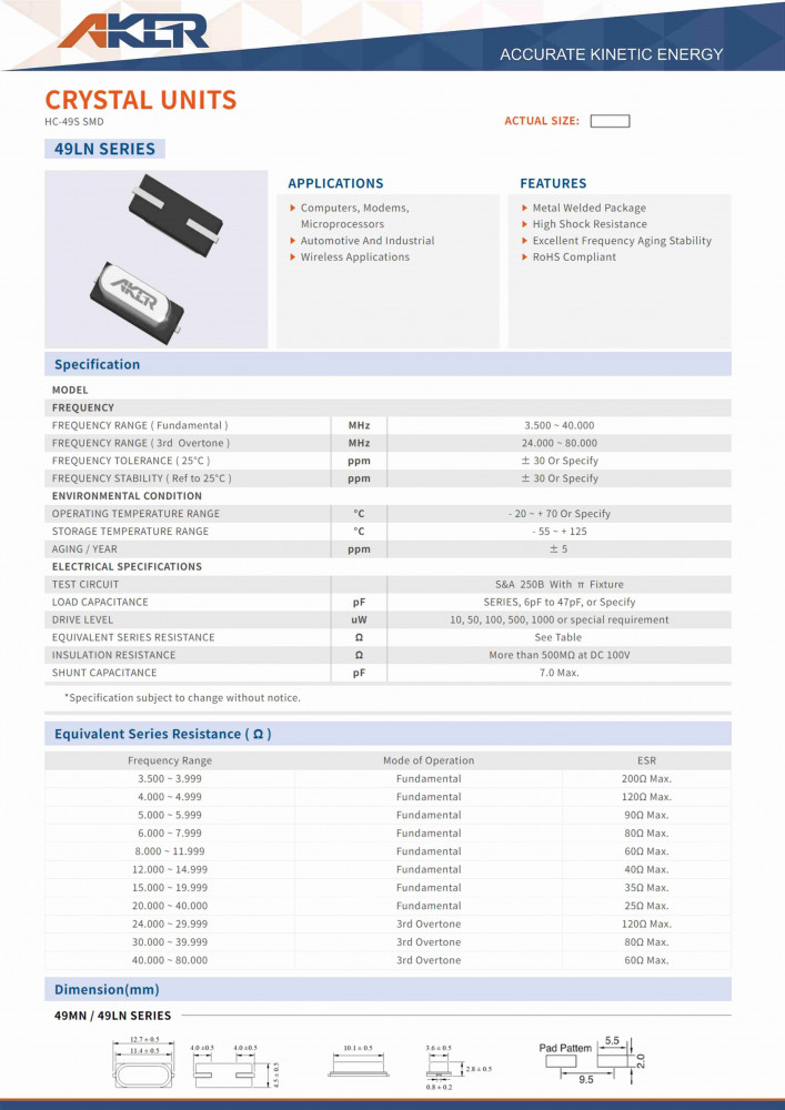 AKER 49LN Series datasheet page