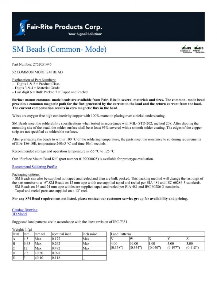Fair-Rite 2752051446 technical document page 1