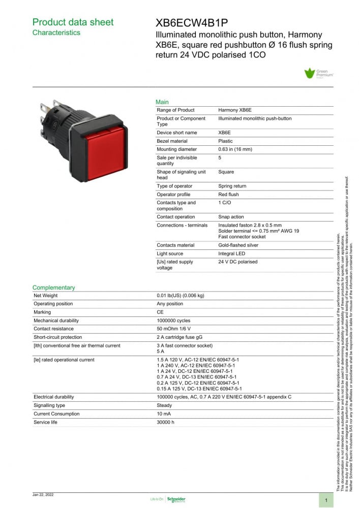 XB6ECW4B1P technical document page 1