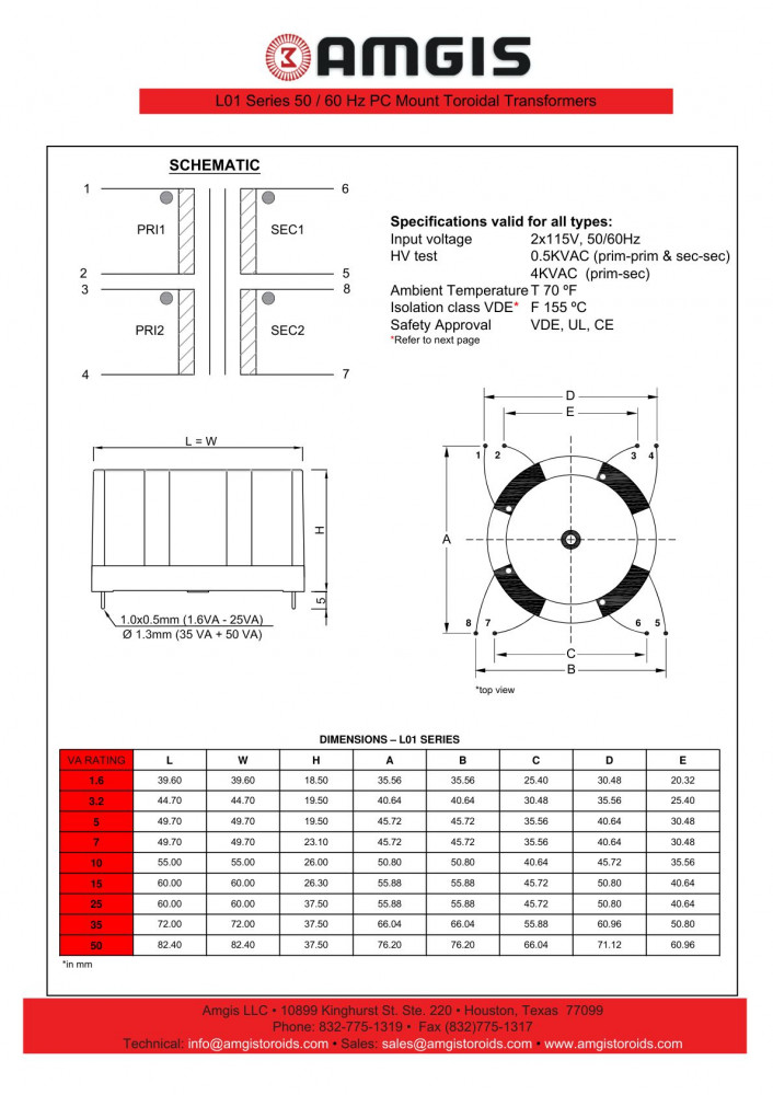 Amgis L01 series transformer technical document page 1