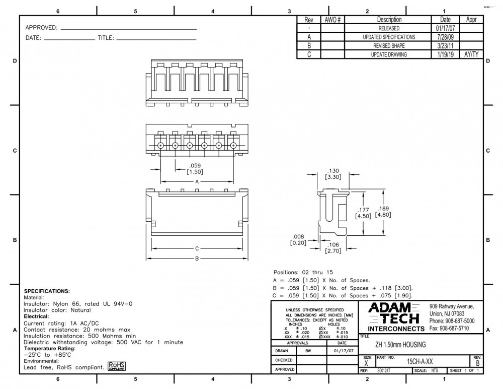 ADAM TECH 15CH-A-XX connector housing drawing and specification page
