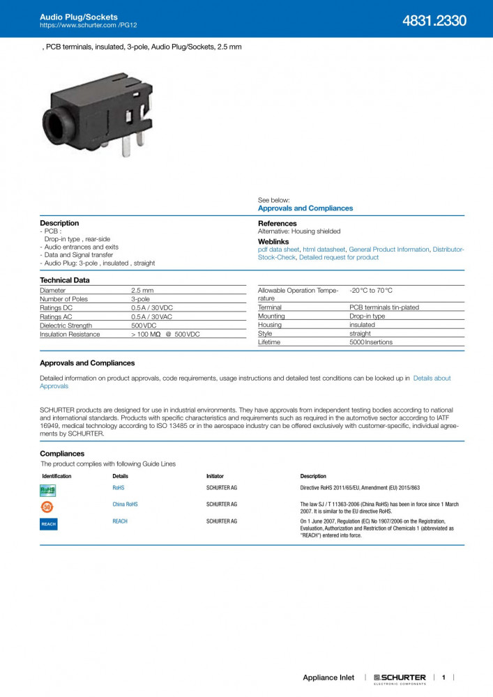 SCHURTER 4831.2330 technical data sheet page 1