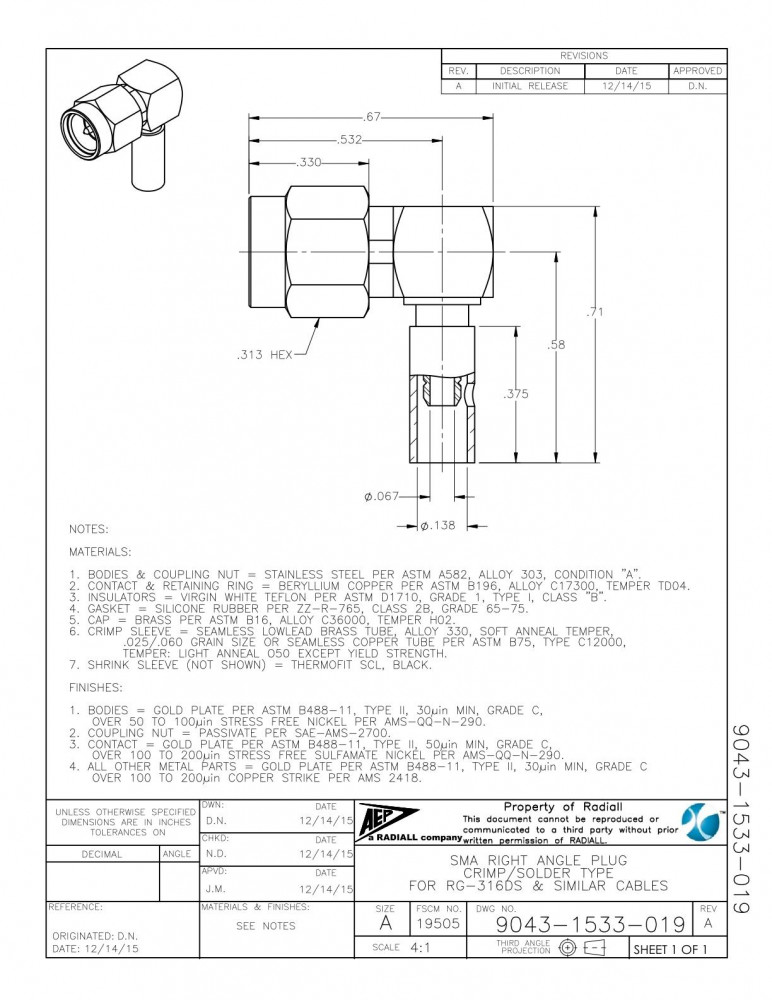 Radiall 9043-1533-019 product drawing preview