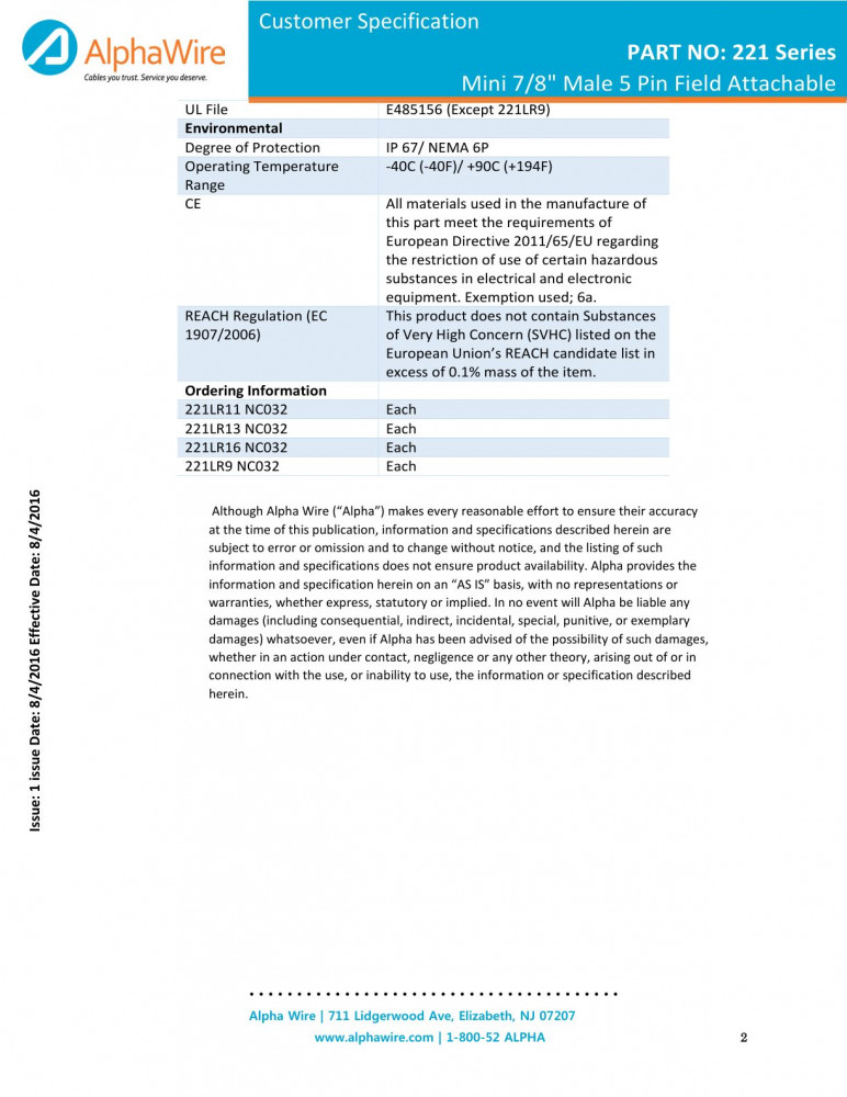 Alpha Wire 221LR13 NC032 technical data