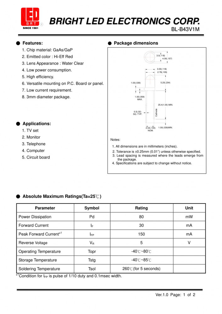 BL-B43V1M datasheet page 1