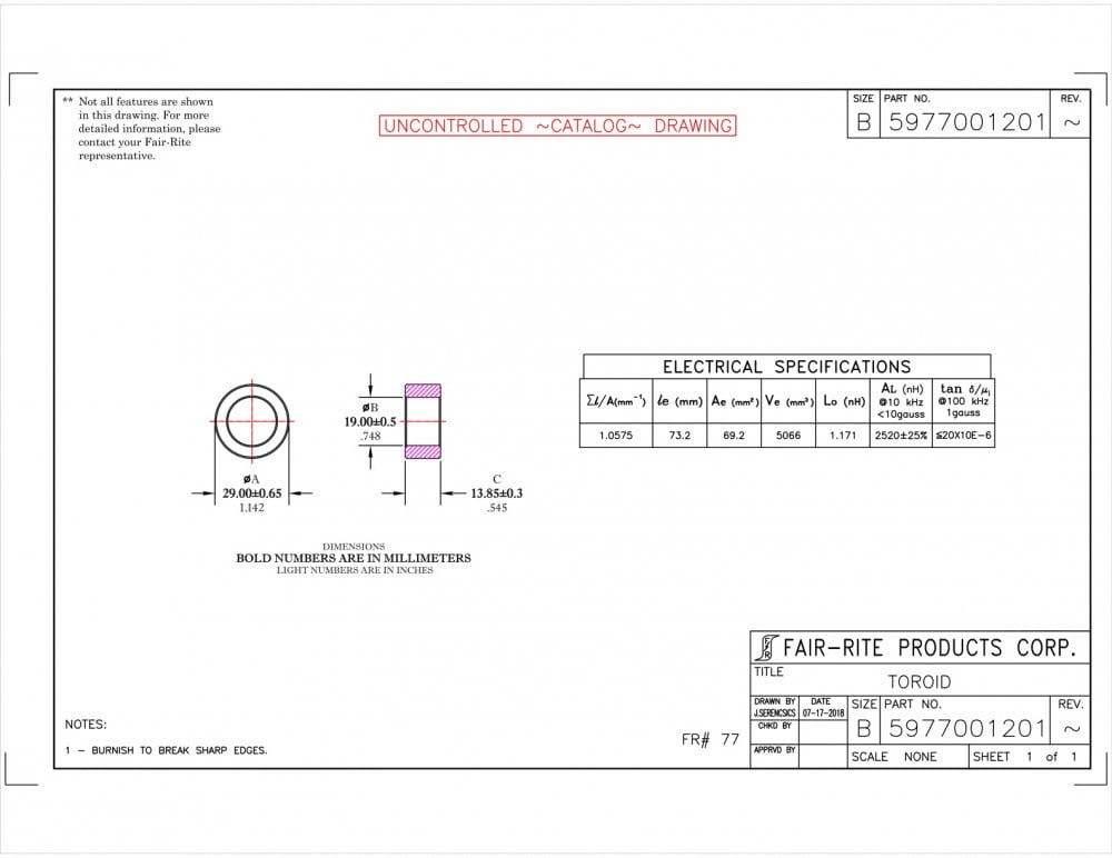 Fair-Rite 5977001201 technical document preview