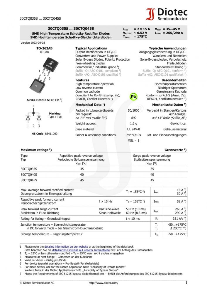 DIOTEC 30CTQ040S datasheet page 1