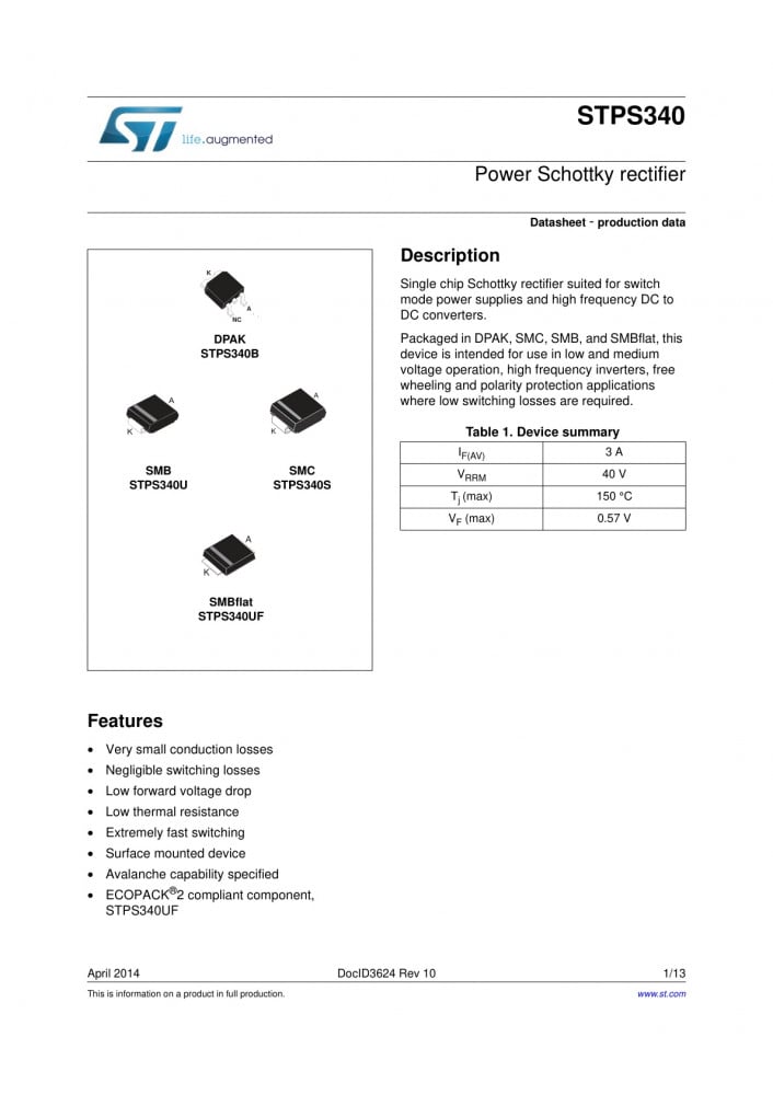 STPS340U datasheet page 1
