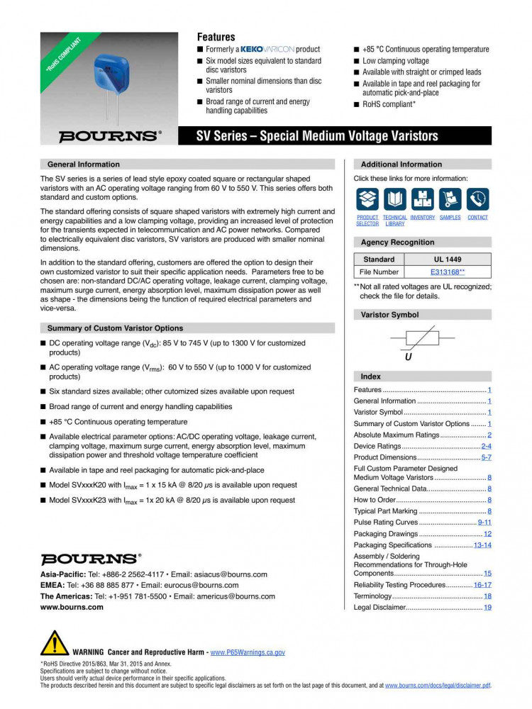 BOURNS SV Series datasheet page 1
