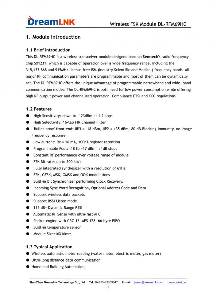 DL-RFM69HC-868M datasheet page 3