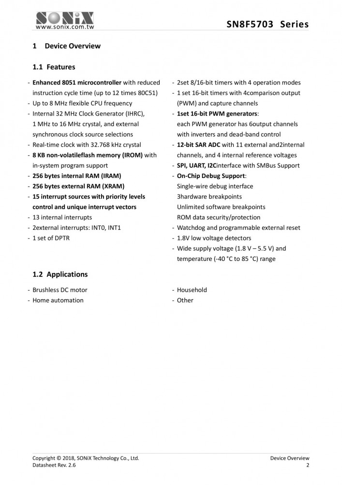 SN8F5703 datasheet page 2