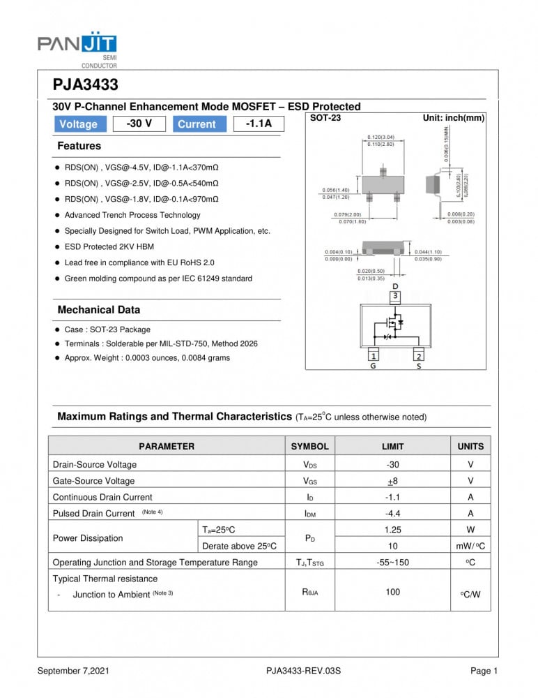 PJA3433 datasheet page 1