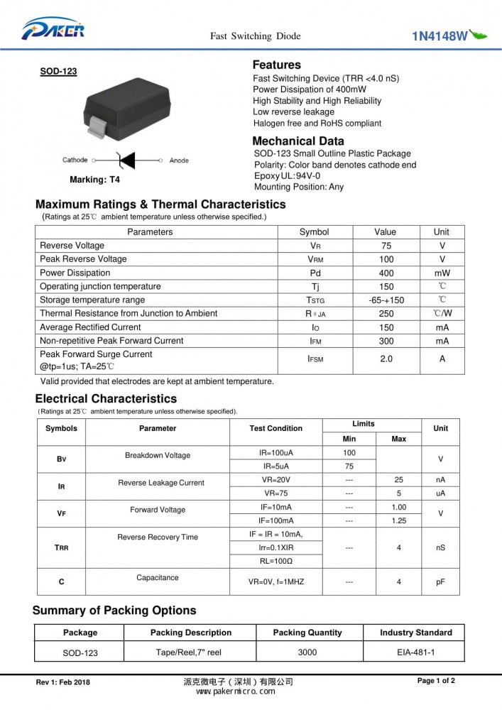 PAKER 1N4148W datasheet page one