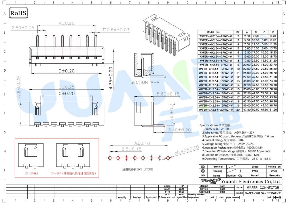 Yuandi WAFER-XH2.54-8PWZ-W technical drawing