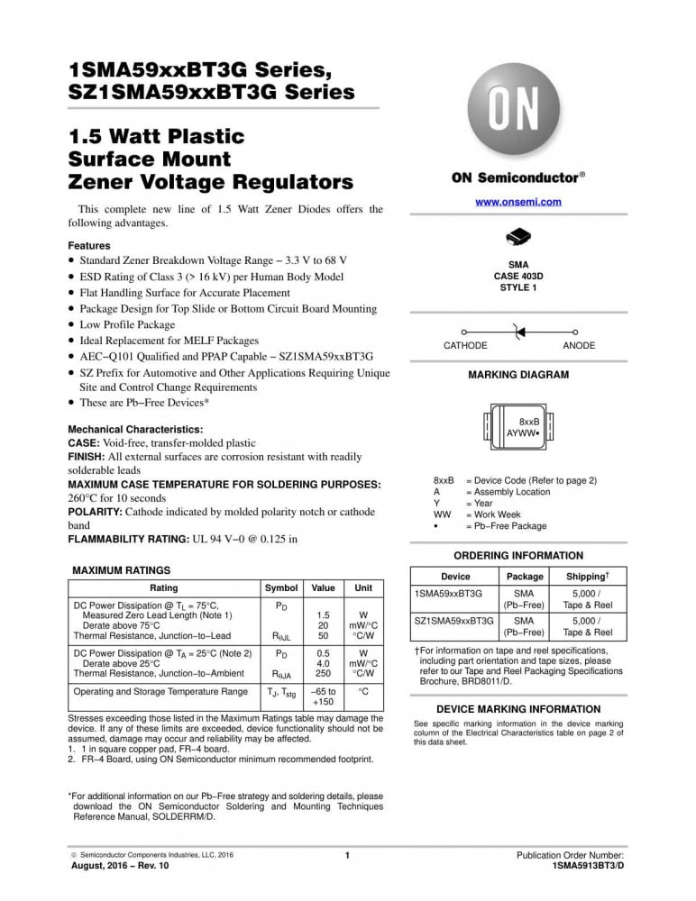 1SMA5940BT3G datasheet page 1