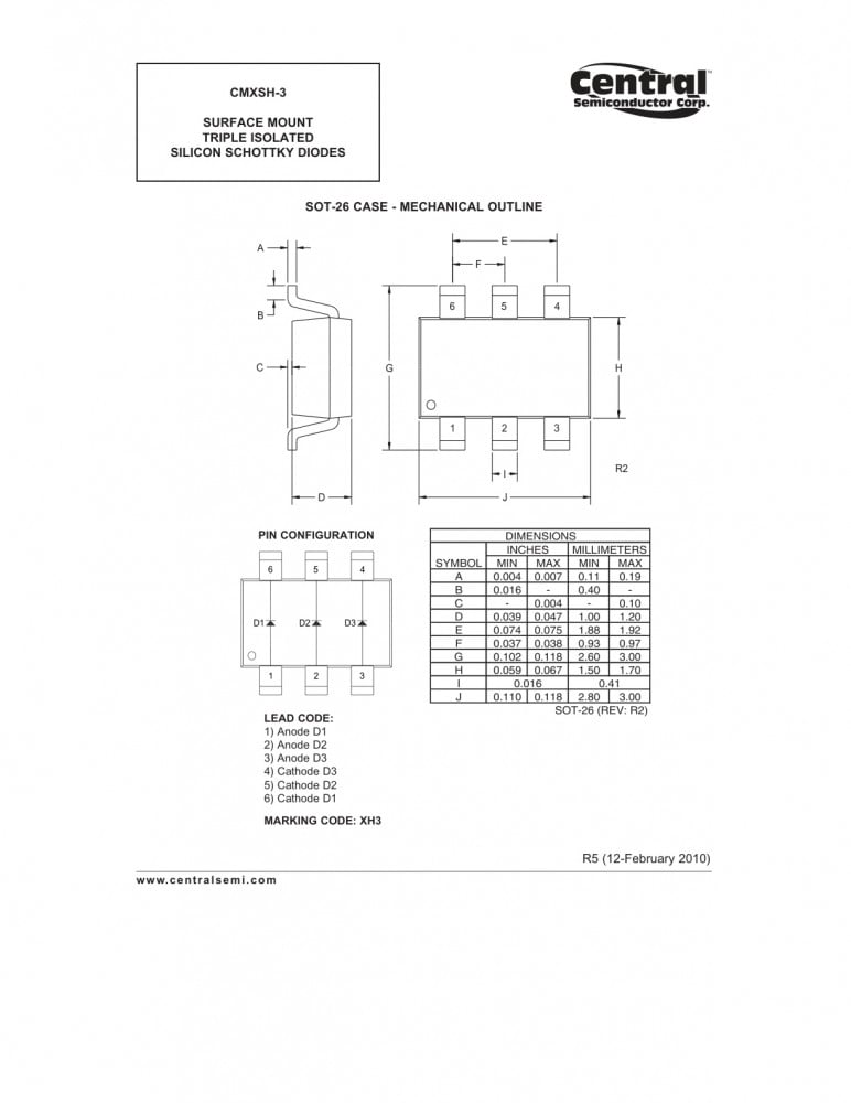 CMXSH-3 TR PBFREE SOT-26 package and pin configuration