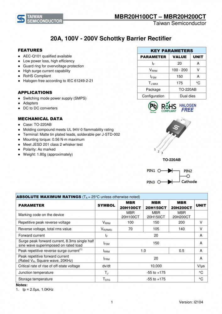 MBR20H150CT datasheet page 1