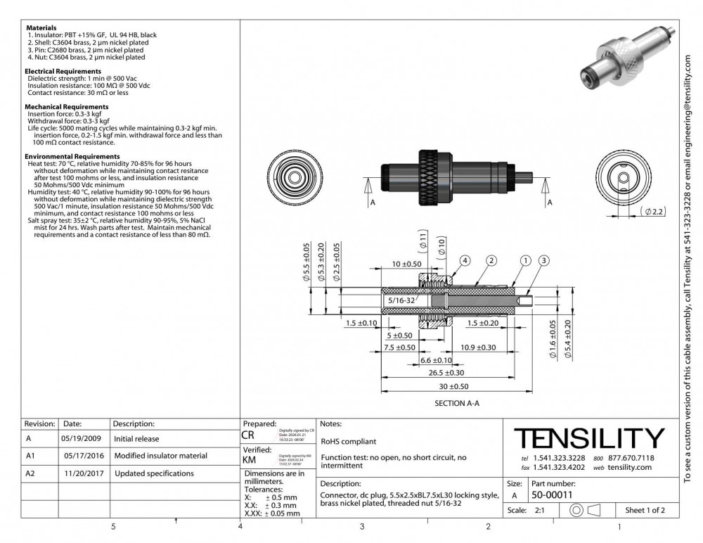 Tensility 50-00011 product drawing and specifications, page 1