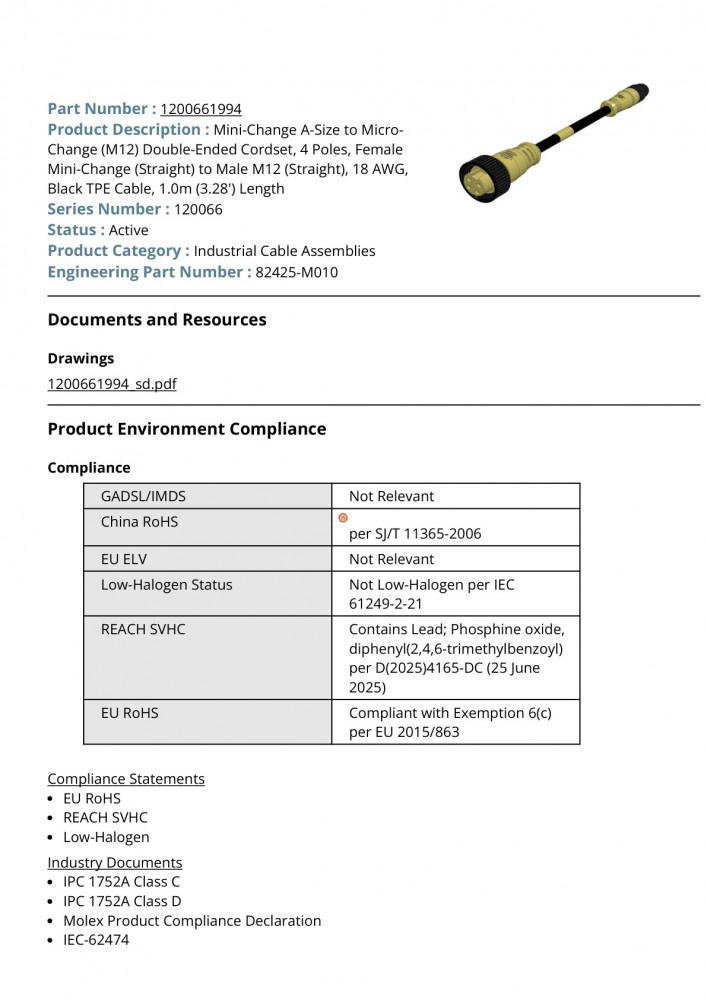 Technical document page 1 for Molex model 1200661994