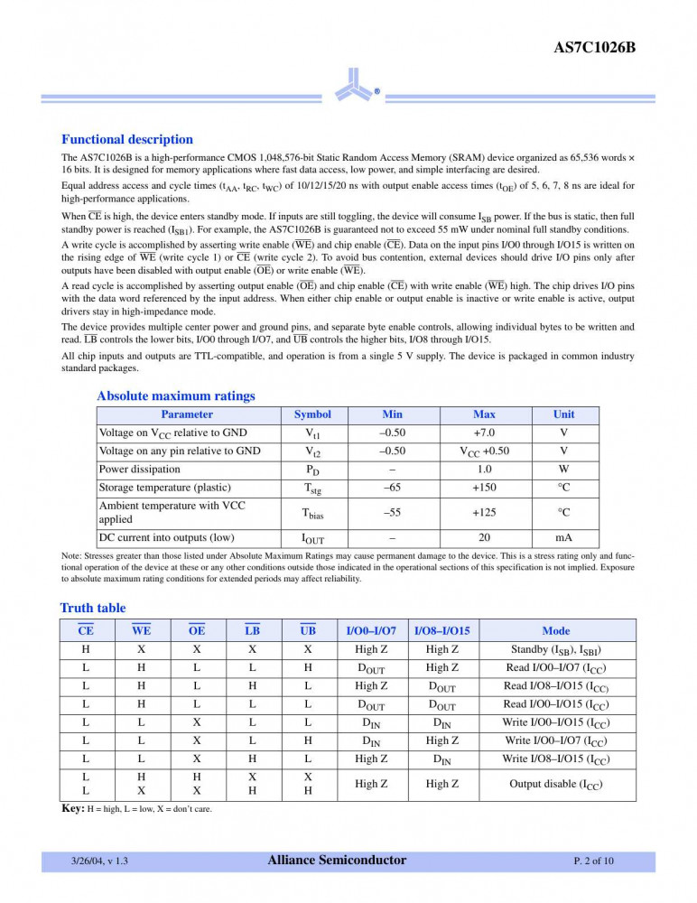 AS7C1026B datasheet page 2