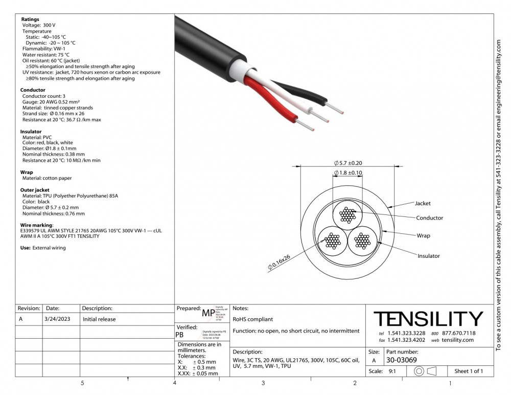 Tensility International 30-03069 cable specification drawing