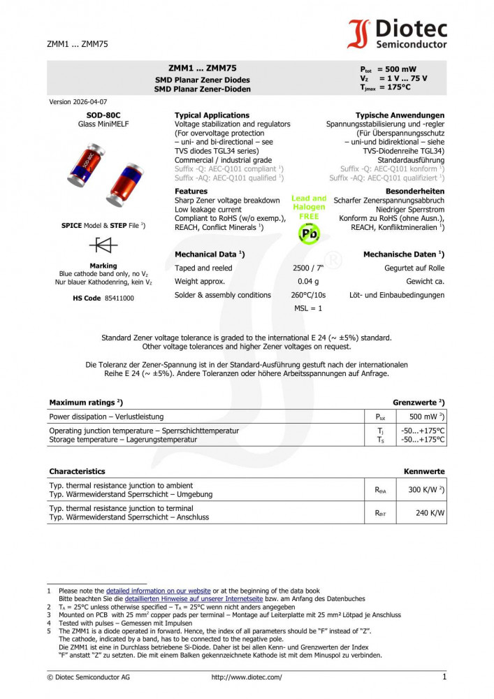 DIOTEC ZMM series datasheet page 1