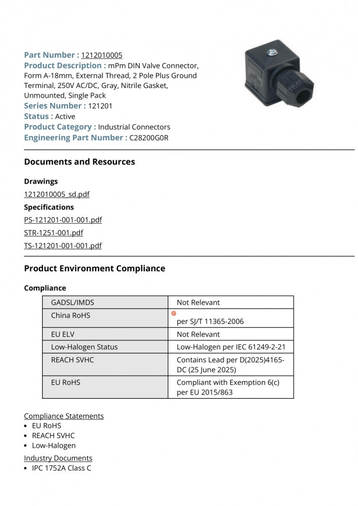 DIN valve connector product specification preview, page 1