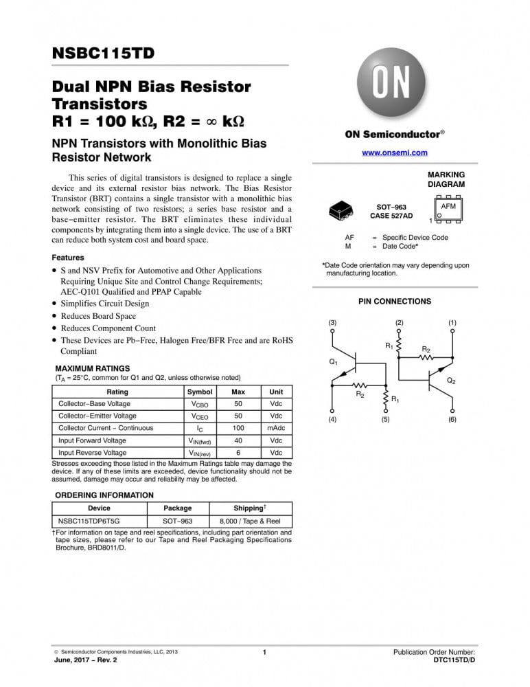 NSBA115TDP6T5G datasheet page 1