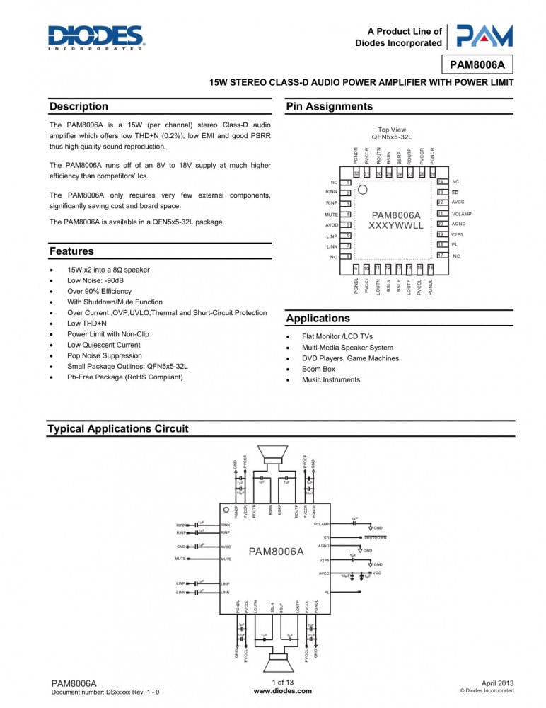 PAM8006A datasheet page 1