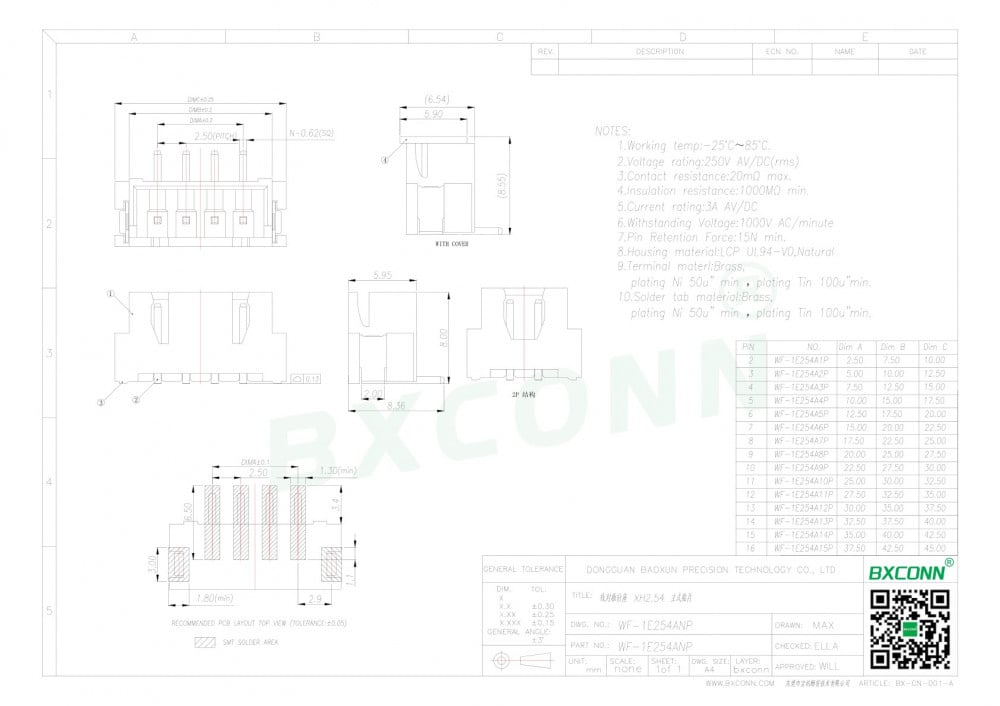 BXCONN WF-1E254A2P technical drawing page 1