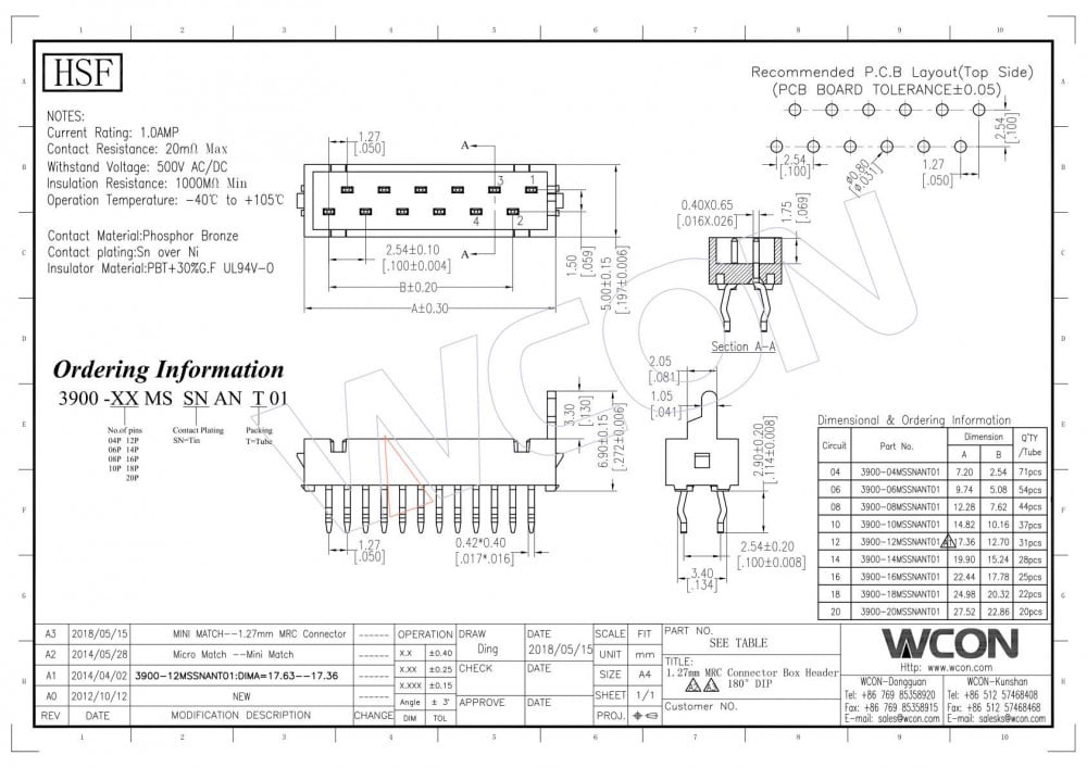 Wcon 3900 series 1.27 mm MRC connector technical drawing