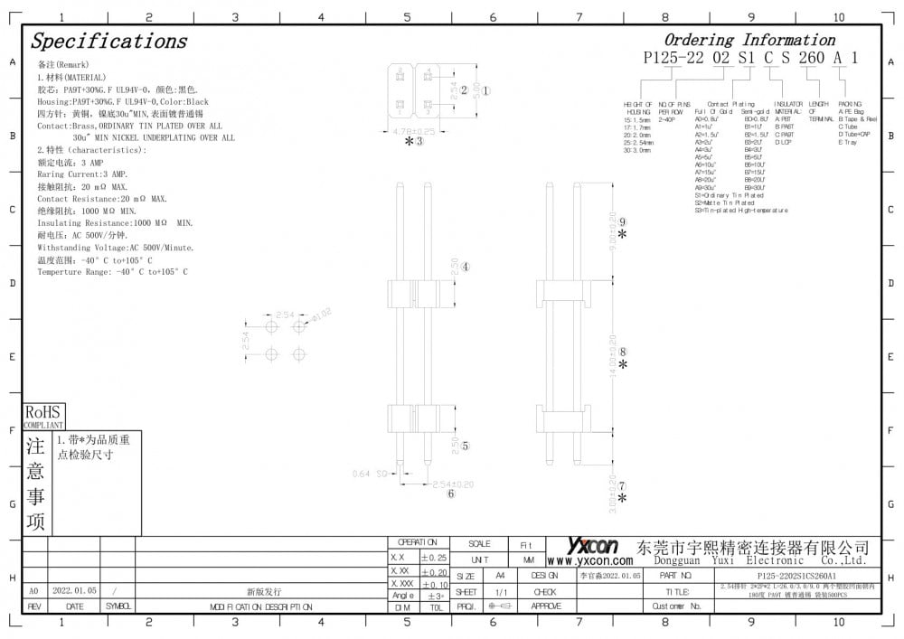 Yxcon P125-2202S1CS260A1 technical document page