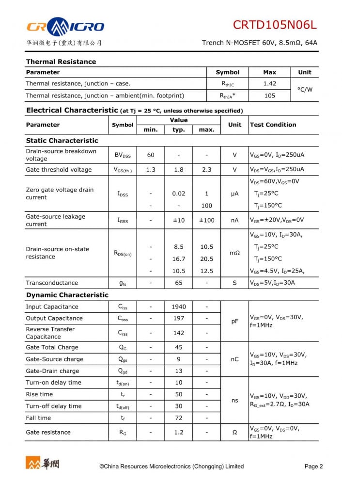 CRTD105N06L datasheet page 2