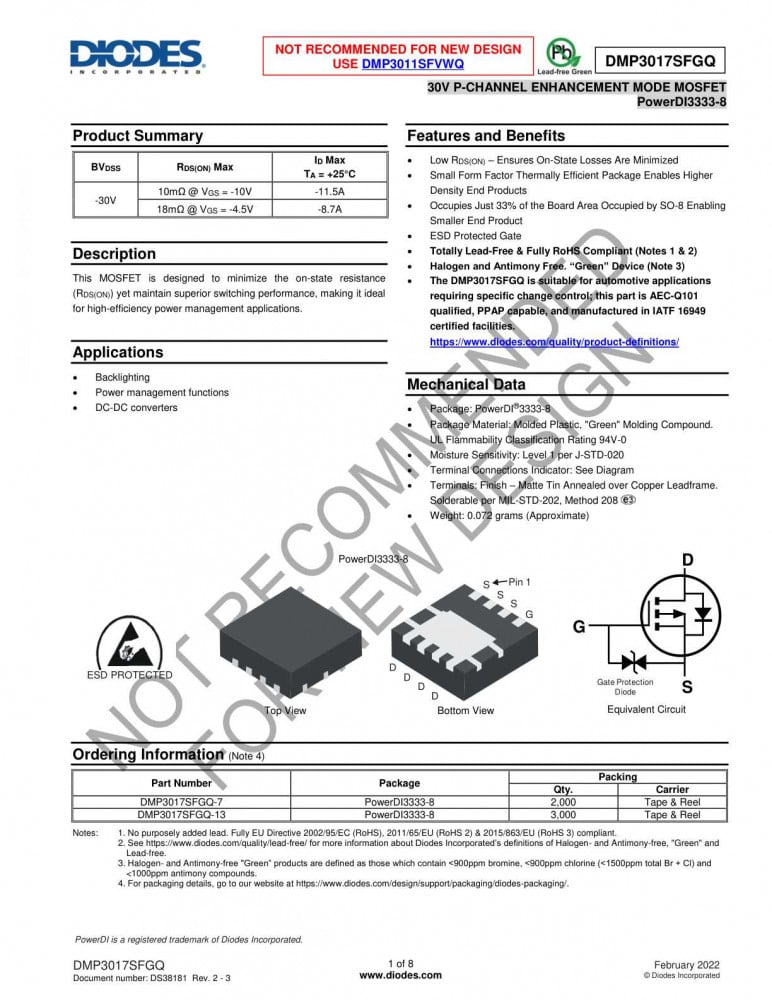 DMP3017SFGQ-13 datasheet page 1