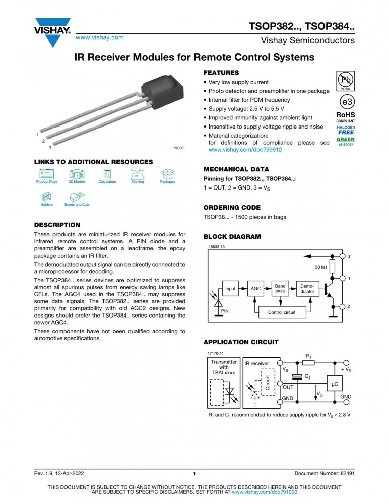 TSOP38256 technical document page 1