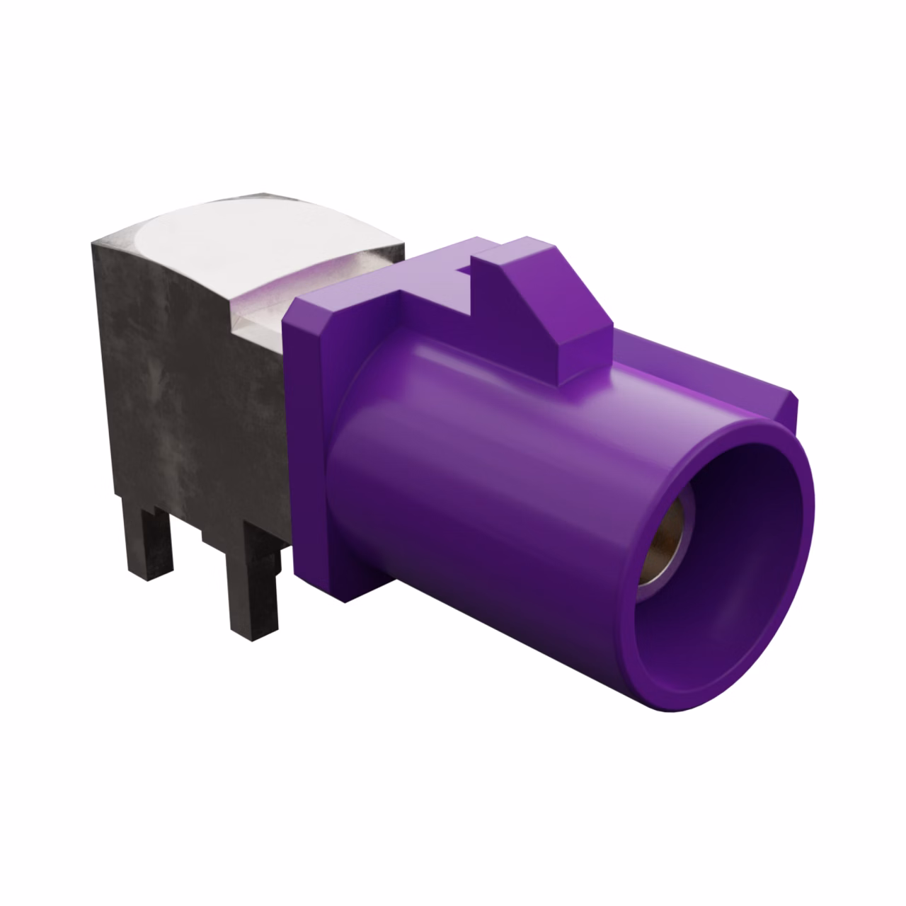 FAKRA Jack, Right-Angle, PCB Receptacle, Through Hole, Brass Body, Tin (Sn) Plated, Keying Code H, Violet, Tape and Reel, 50 Ohms for sale