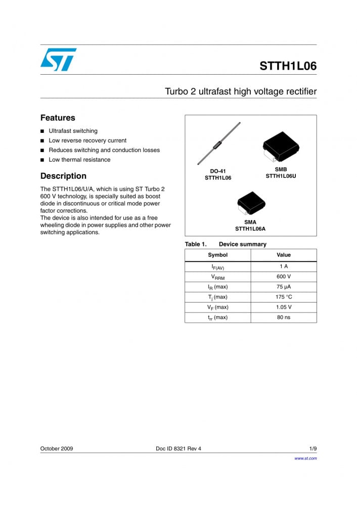 STTH1L06A datasheet page 1