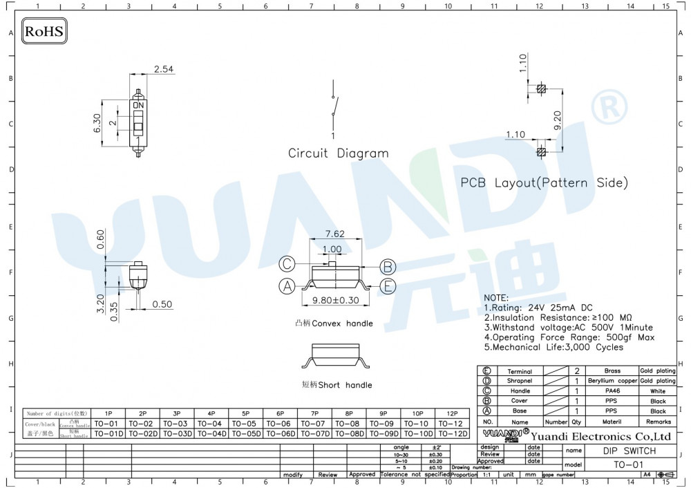 YUANDI TO-01 DIP switch technical drawing