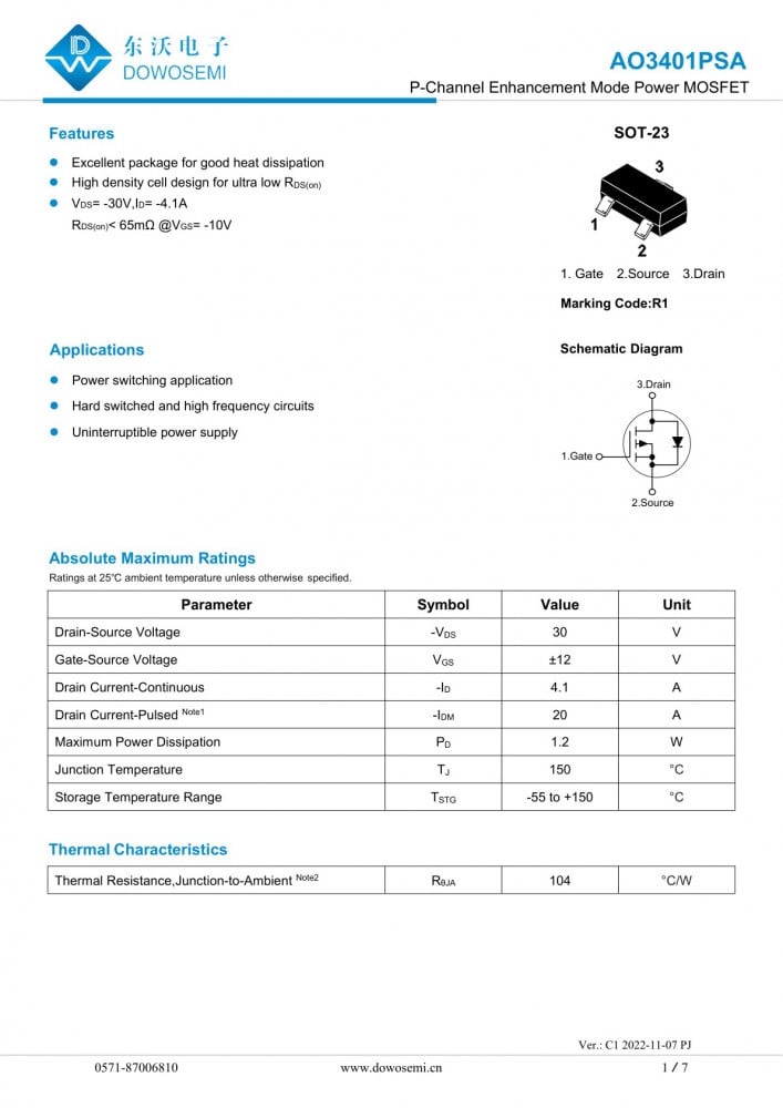 AO3401PSA datasheet page 1