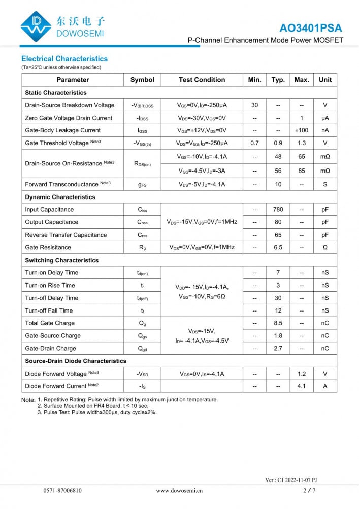 AO3401PSA datasheet page 2