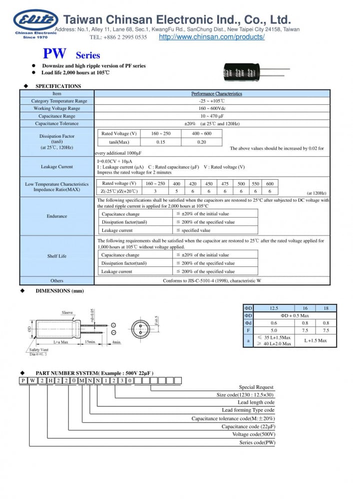Chinsan PW series datasheet page 1