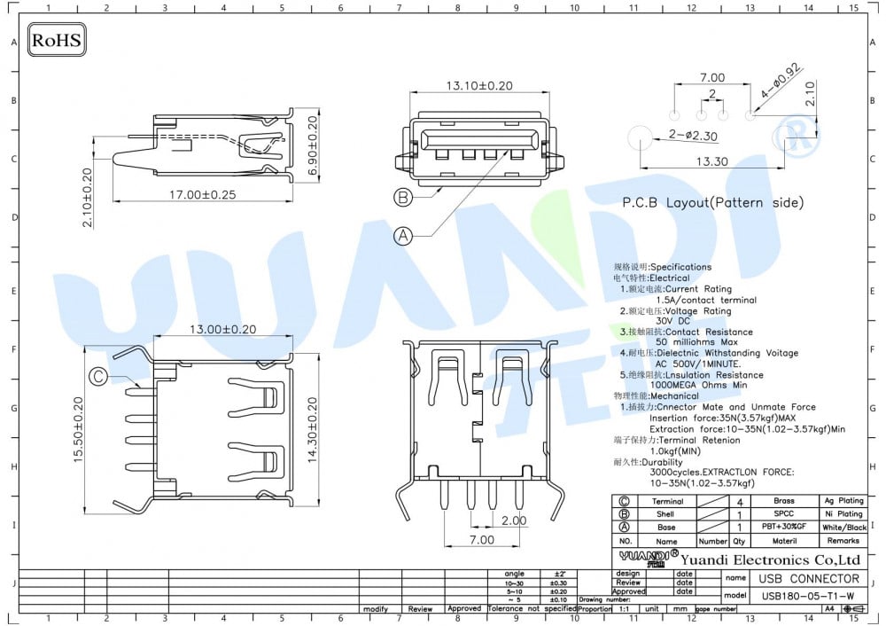 USB180-05-T1-W PCB layout and specification drawing