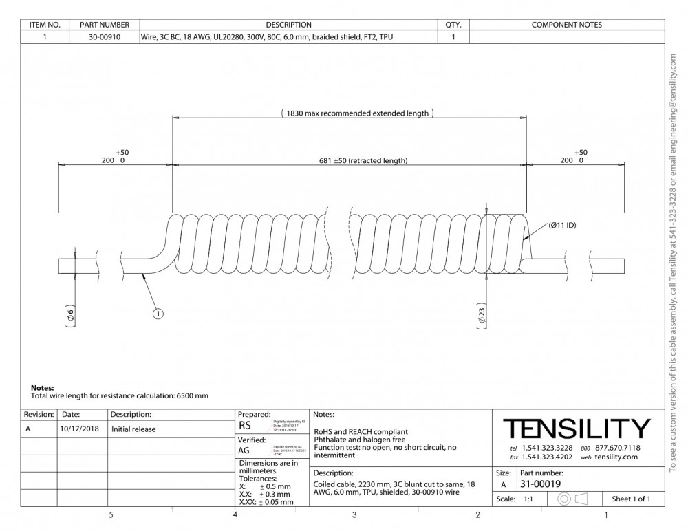 Tensility 31-00019 cable assembly drawing