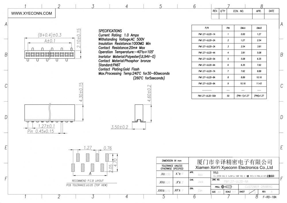 XYECONN PM1.27-UL2D drawing page 1