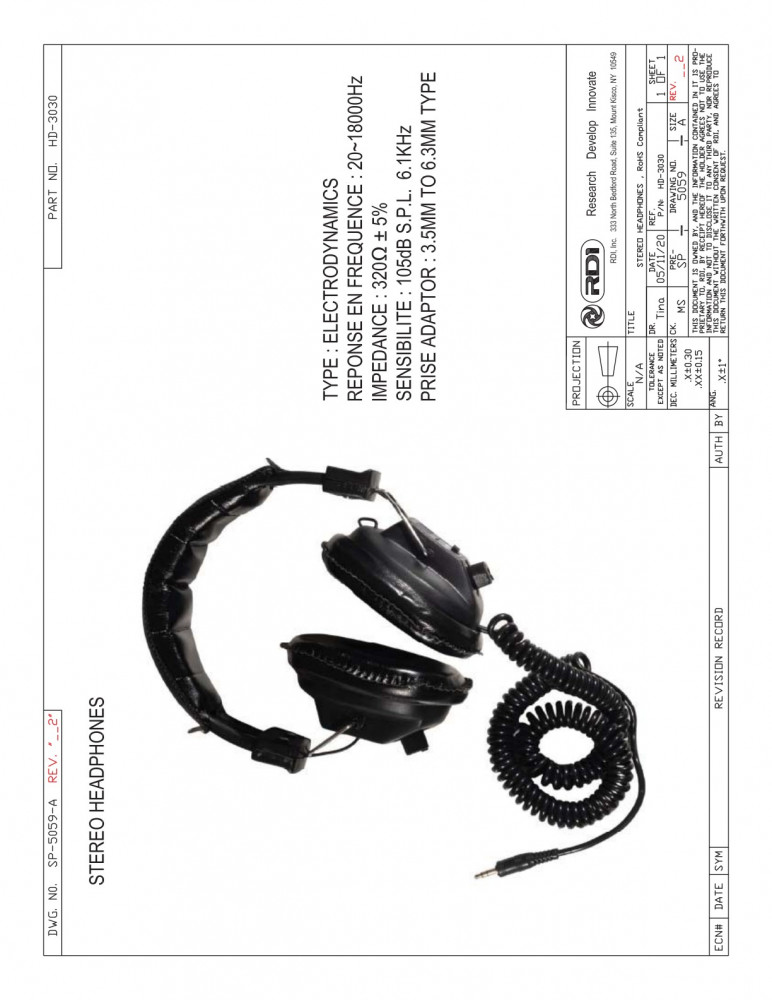 HD-3030 stereo headphones technical document image
