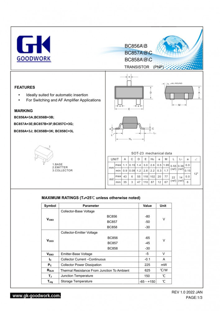 GOODWORK BC856B technical document page 1