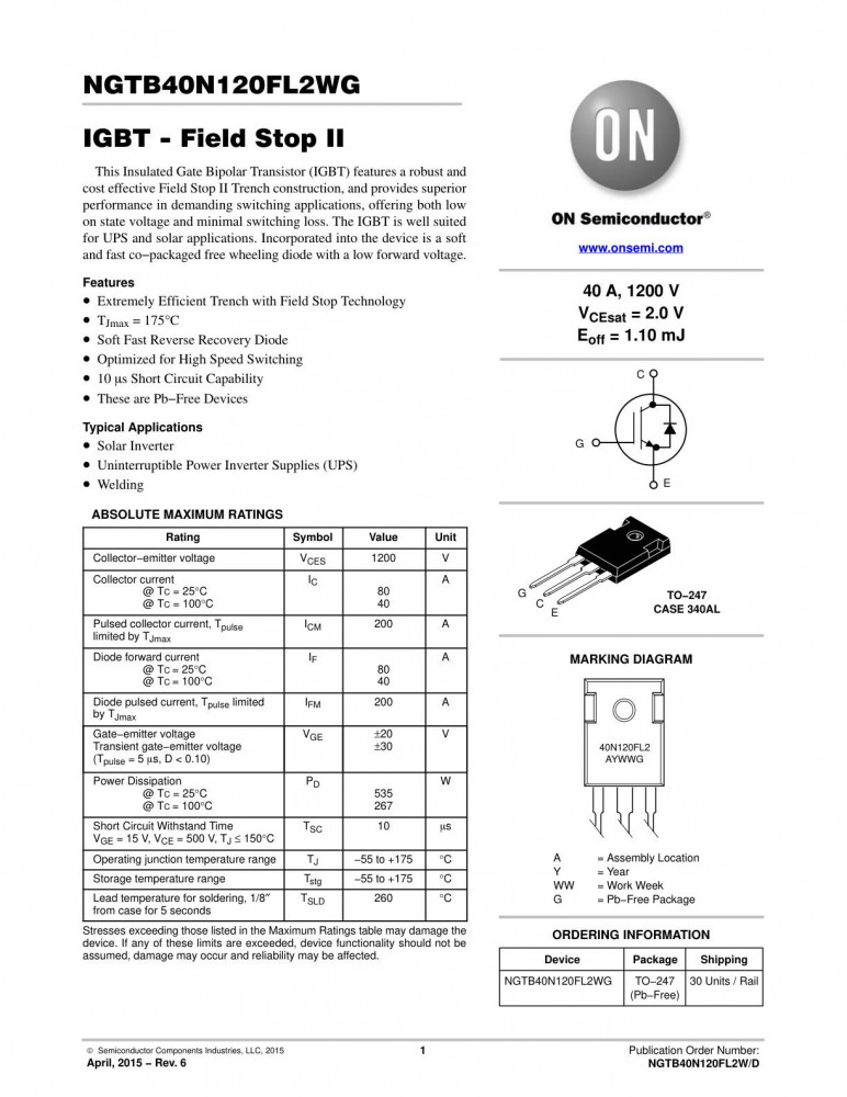 NGTB40N120FL2WG datasheet page 1