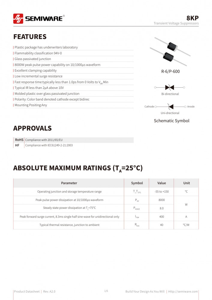SEMIWARE 8KP8.0CA datasheet page 1